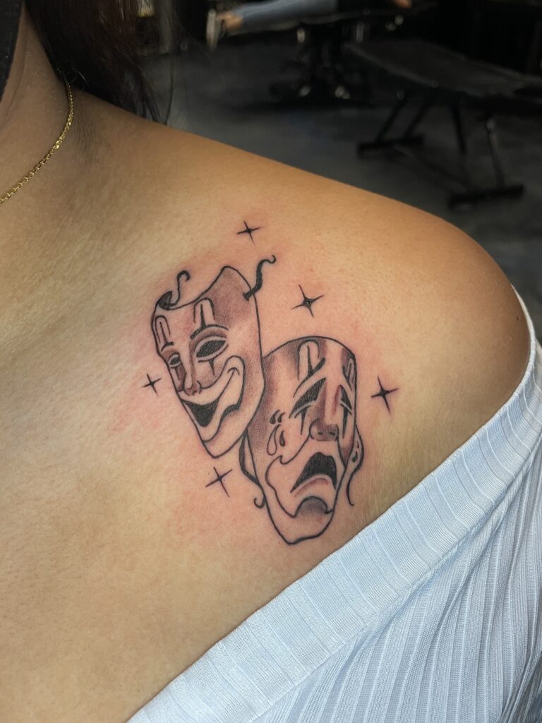Tragedy Comedy Theater Masks Tattoo by Brandon Castillo | Sixer Tattoos